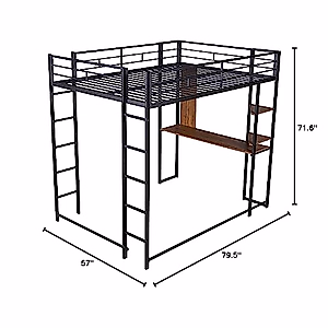 ATY Metal Full Size Loft Bed with 2 Shelves and 1 Desk, Sturdy Bedframe w/Two Ladders & Safety Rails for Kids Teens Adults, No Box Spring Needed, Black