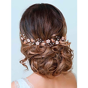 Aukmla Bride Wedding Hair Vines Flower Headbands Crystal Headpiece Bridal Jewelry for Women and Girls (Rose Gold)