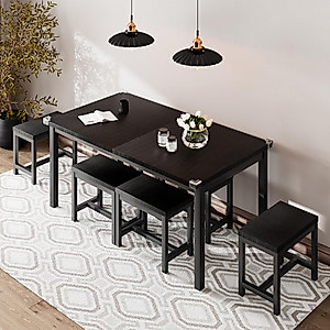 iPormis 7-Piece Dining Table Set with 6 Stools, 63" Extendable Kitchen Table Set for 4-8, Modern Dining Room Table with Sturdy Metal Frame, Space-Saving Dinette, Black