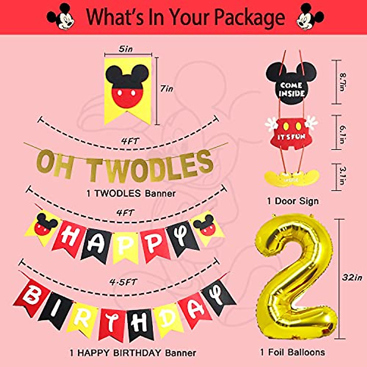 Cartoon Mouse 2nd Birthday Party Supplies - Oh Twodles Theme Party Decorations Includes Felt Banner,Welcome Hanger Door Sign, Tablecloth,Cake Cupcake Toppers,Mouse Head Balloons, 12" Latex Balloon, Confetti Balloon