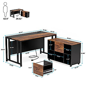Tribesigns L-Shaped Computer Desk with Power Outlet and Drawer Cabinet, 55 inch Large Executive Office Desk Business Furniture with 40 inch Lateral File Cabinet Printer Stand for Home Office(Brown)
