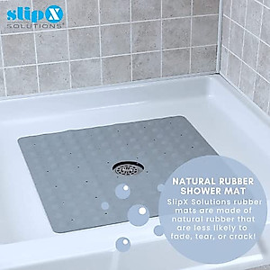 SlipX Solutions Microban-Infused Rubber Shower Mat, 21" x 21" | Anti-Slip Square Bath Mat w/ 140 Power Grip Suction Cups | Gray