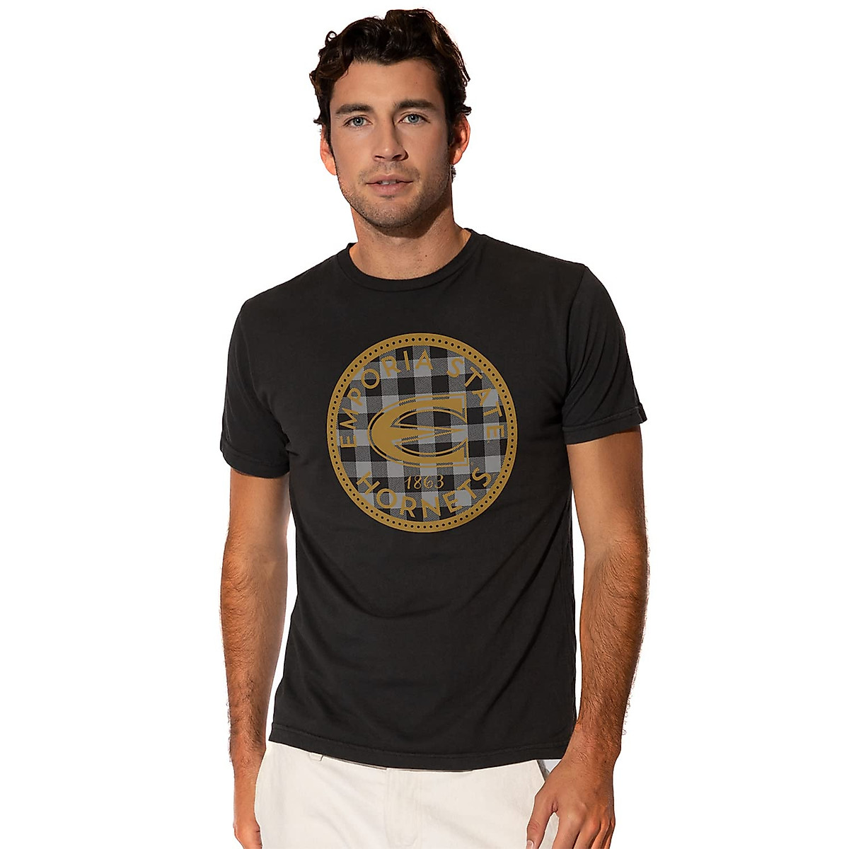 Emporia State University Official Plaid Badge Short Sleeve Mens Cotton T-Shirt,Black, Medium
