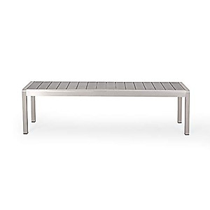 Great Deal Furniture Odelia Outdoor Modern Aluminum Dining Bench with Faux Wood Seat, Gray and Silver