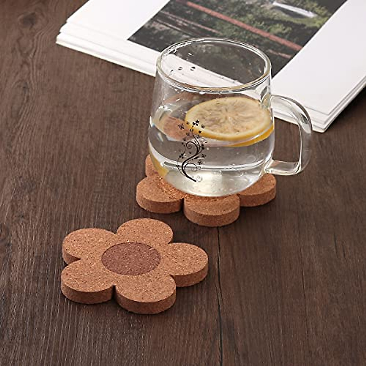 12PCS 3/8" Thick Cork Coasters for Drinks,Absorbent and Reusable Coaster Set 100% Natural Cork 4 inch Flower Shape Farmhouse Rustic Wood Drink Coasters Bulk Cork Coasters for Desk and Glass Table