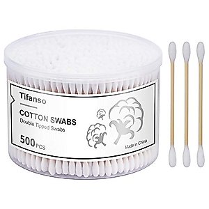 tifanso 500 Count Cotton Swabs, Natural Double Round Cotton Tip Cotton Buds with Strong Wooden Sticks for Ears, Cruelty-Free Ear Swabs, Wooden Cotton Sticks with Storage Box