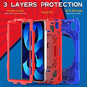 SEYMAC Case for iPad Air 5th/ 4th Generation, Shockproof Case with Screen Protector, 360 Rotating Stand/Hand Strap, Shoulder Strap for iPad Air 4/5 (iPad Air 10.9), Red+Blue