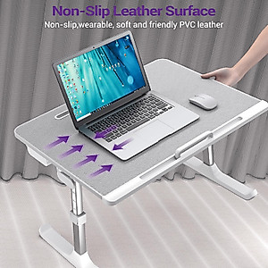 NEARPOW XXL Bed Table Desk for Laptop and Writing, Adjustable Computer Tray Laptop Stand for Bed or Sofa with Anti-slip Leather, Removable Stopper, Book Stand and Drawer - Gray