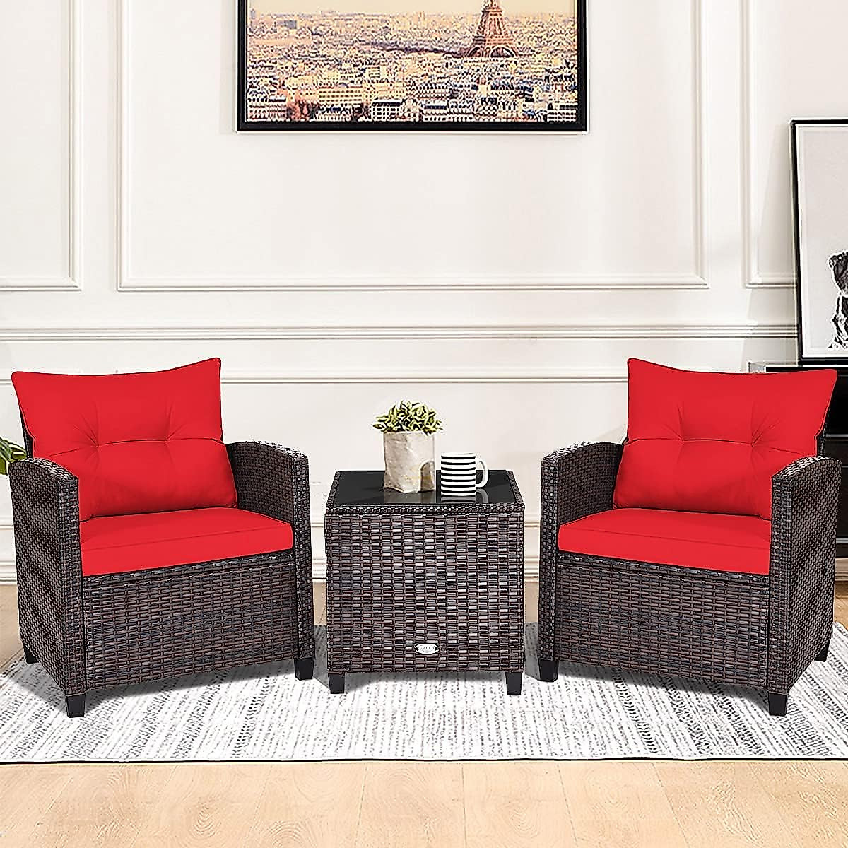 LDAILY Patio Furniture Set, 3 Pieces PE Rattan Wicker Patio Sofa Chairs with Washable Cushion & Glass Table, Outdoor Furniture Conversation Sets for Porch, Balcony, Garden, Poolside (Red)