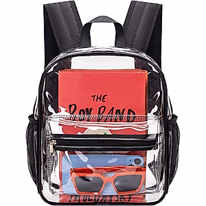 MAY TREE Clear Backpack Stadium Approved, Mini Clear Backpack, Heavy Duty Waterproof Transparent PVC Backpack (Black)