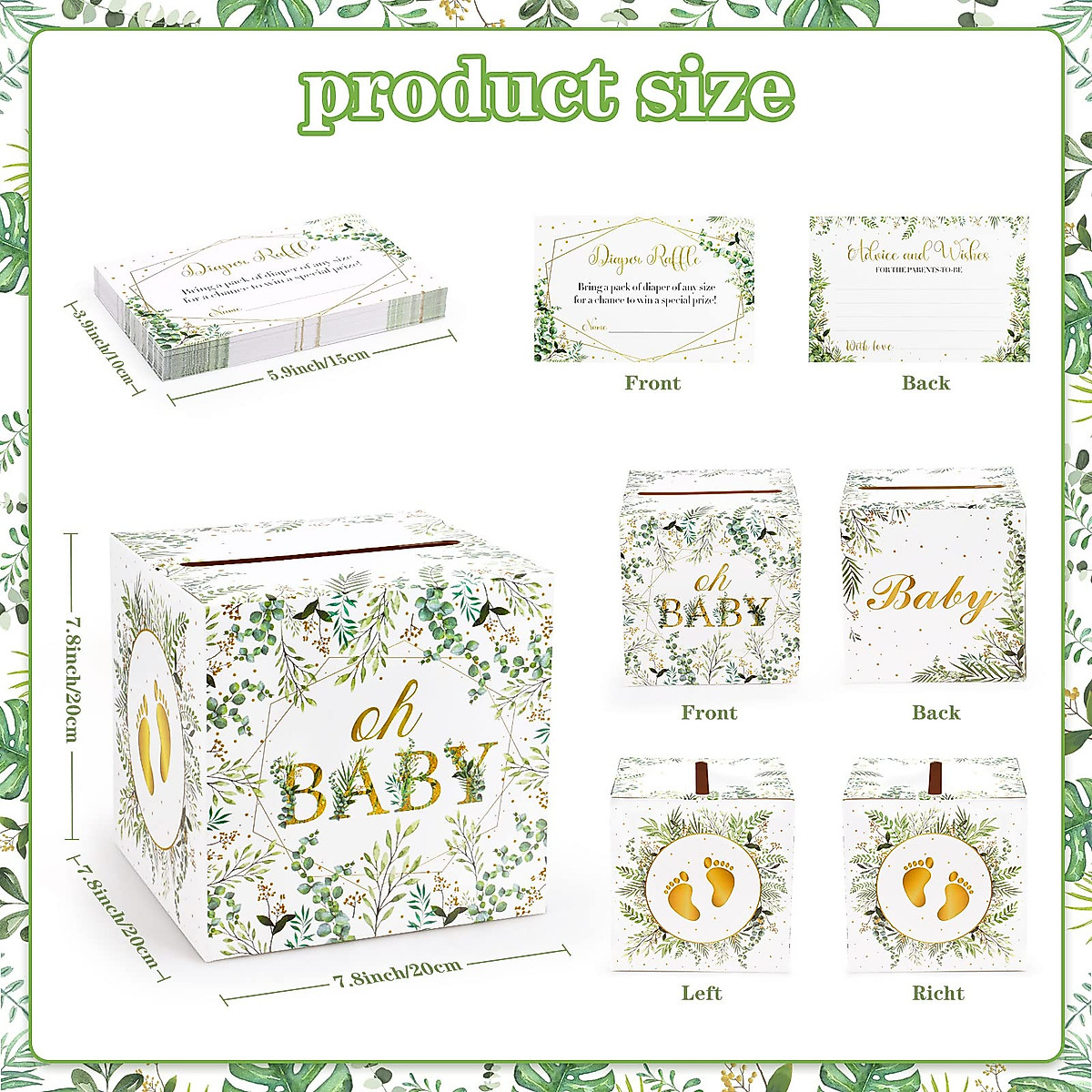 Eaezerav 50 Pcs Greenery Diaper Raffle Tickets with Diaper Raffle Box Baby Shower Card Holder Box Diaper Raffle Insert Ticket for Greeney Baby Shower Decorations Raffle Party Game
