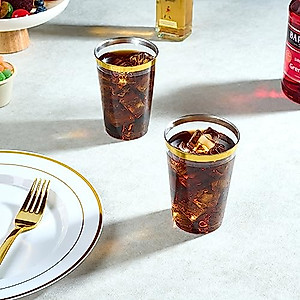 FOCUSLINE 100 Pack 12 oz Gold Rimmed Plastic Cups, 12 Ounce Clear Tumblers, Heavy-duty & Fancy Disposable Hard Plastic Cups with Gold Rim for Wedding Elegant Party