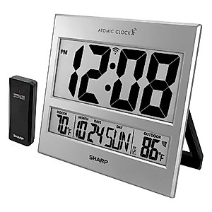 Sharp Atomic Clock - Atomic Accuracy - Never Needs Setting! -Silver Tech Style - Jumbo 3" Easy to Read Numbers - Indoor/Outdoor Temperature Display with Wireless Outdoor Sensor - Easy Set-Up!
