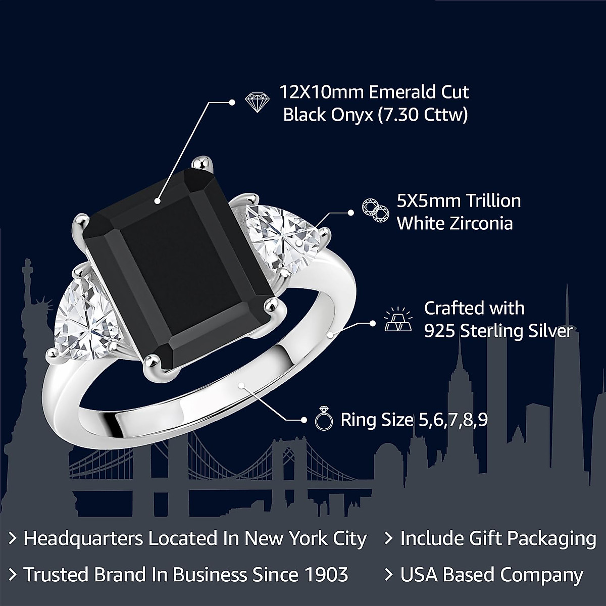 Gem Stone King 7.30 Cttw Black Onyx 3-Stone Ring For Women In 925 Sterling Silver | Emerald Cut 12X10MM | Trillion 5X5MM | Gemstone December Birthstone | Available in Size 5,6,7,8,9