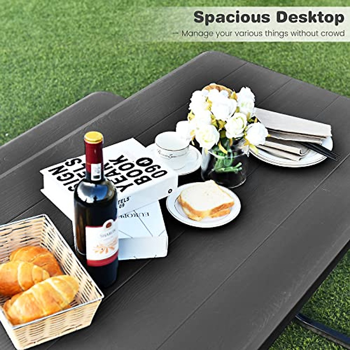 Tangkula Picnic Table Bench Set, Outdoor Picnic Table with 2 Benches, Metal Camping Table with Plastic Wood-Like Texture Tabletop & Steel Frame, Ideal for Picnic, Party, Garden, Lawn (Black)
