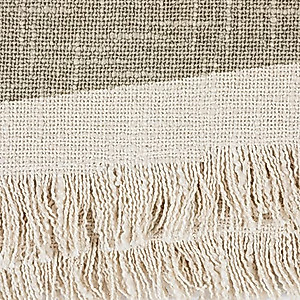Bloomingville Cotton Slub Botanical Print and Fringe, Tan Blanket Throw