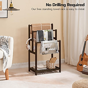 HOOBRO Standing Towel Rack, 3-Tier Blanket Rack Holder, 16.5" L x 11.8" W x 30.3" H, Bamboo Drying and Display Rack with Shelf, for Bedroom, Living Room, Bathroom, Mocha MA03LB01