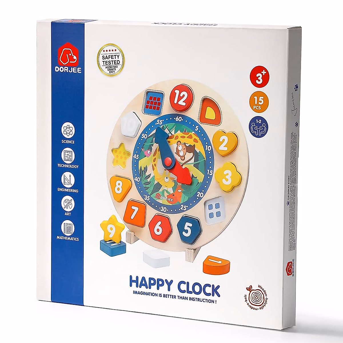 Dorjee Shape Sorter Teaching Clock, Learning Time Clock for Kids , Montessori Toys with 12pcs Removable Number Blocks, Display Holder Included