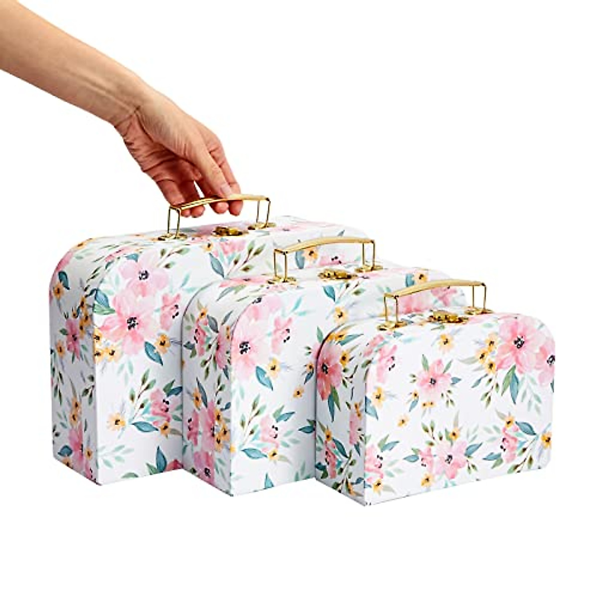 Okuna Outpost Set of 3 Different Sizes of Paperboard Suitcases with Metal Handles, Floral Print Decorative Cardboard Storage Boxes (Floral Print)