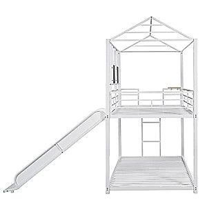 Lostcat House Bunk Bed with Slide and Slide,Twin Over Twin Bunk Bed with Safety Guardrails and Roof Design for Kids, Teens, Girls, Boys,No Box Spring Required,White