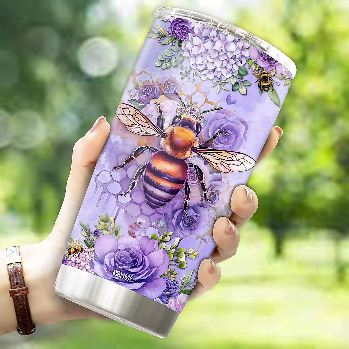 WONWIX Personalized Bee Tumbler Customized Name Queen Bees Gifts For Women Mug Cups Water Bottle 20oz Gift Birthday Valentine Christmas From Lover Insulated Stainless Steel Coffee Cup With Lid