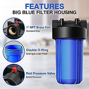 SimPure Whole House Water Filter Housing (DB10P), 10" x 4.5" Sediment Carbon Cartridge Universal Housing, Pre-Filtration System for Well and City Water, 1" NPT Port, Pressure Release
