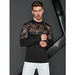 WDIRARA Men's See Through Floral Lace Mock Neck Long Sleeve Casual Tee Shirt Top Black XL