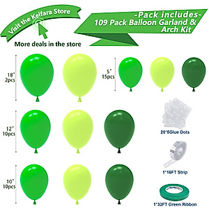 Green Balloon Garland Arch Kit, Kelfara Latex Balloons 109pcs Different Sizes 18/10/12/5 Inch, Party Balloons for Wedding Graduation Anniversary Green Jungle Forest Themed Birthday Party Decorations
