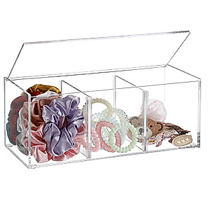 Hipiwe Acrylic Organizer with Lid Clear Jewelry Display Case Divided Bathroom Organizer Box Multi-purpose Desktop Organizer for Jewelry Cosmetic Candy Hair Accessories,Rectangle with 3 Compartment