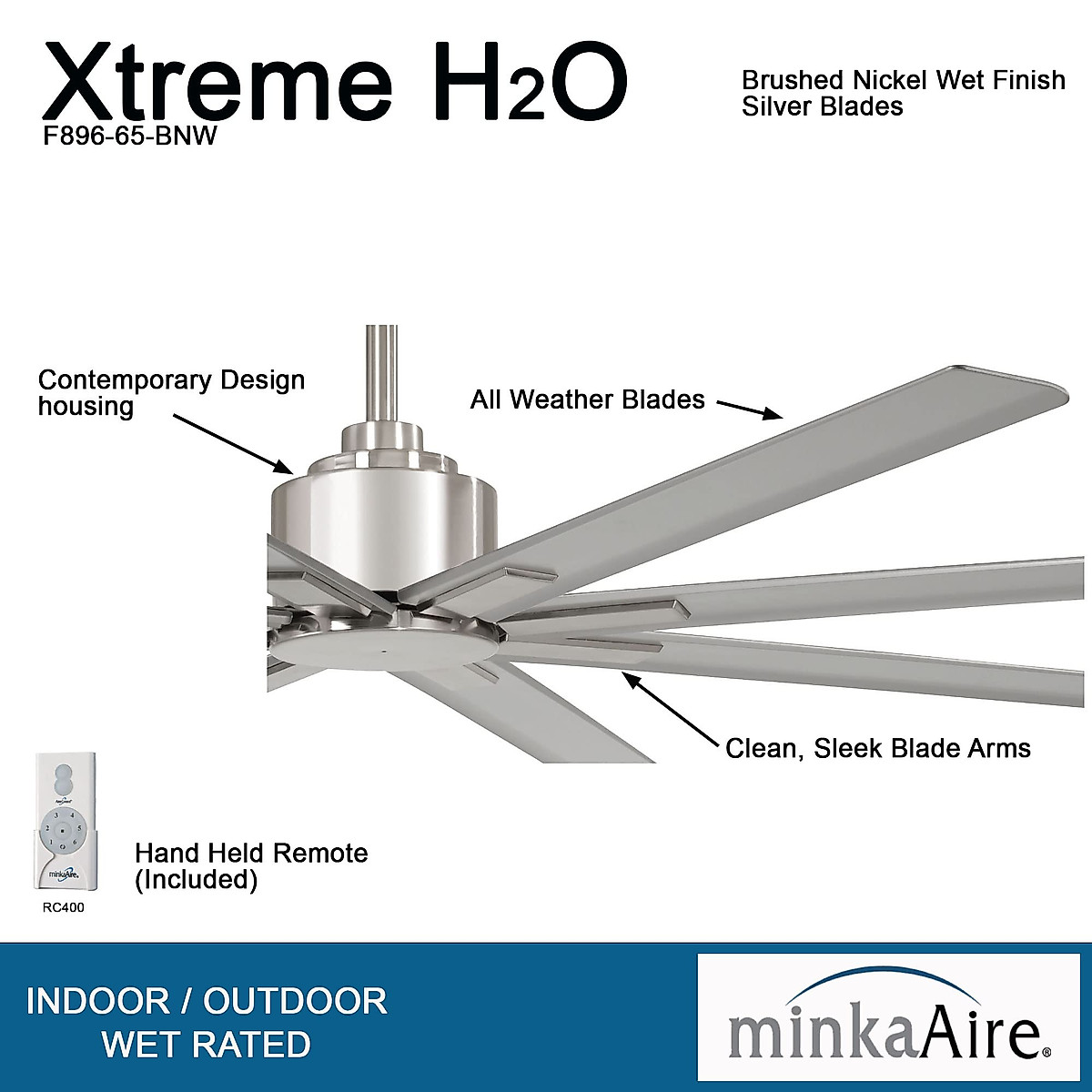 MINKA-AIRE F896-65-BNW Xtreme H2O 65 Inch Outdoor Ceiling Fan with DC Motor, Silver Brushed Nickel Wet Finish