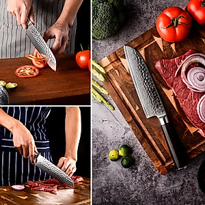 AMSZL 7 Inch Chef Knife, Damascus VG10 Super Steel, Ultra Sharp Santoku Kitchen Knife, Ebony Handle, Gift Box