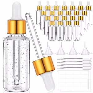 SiliFine 48 Pack 1 oz Dropper Bottle, Plastic Bottles Empty with 4 Funnels, 4 Long Pipettes, 40 Labels, 30 ml Eye Dropper Bottles for Essential, Cuticle, Body Oils, Tincture (Clear)