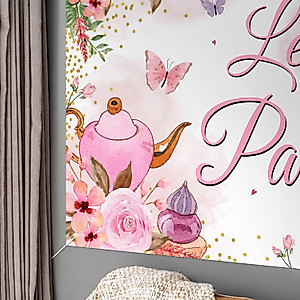 Let's Partea Backdrop Banner Decor Pink - Floral Tea Theme Happy Birthday Party Decorations for Women Girls Supplies