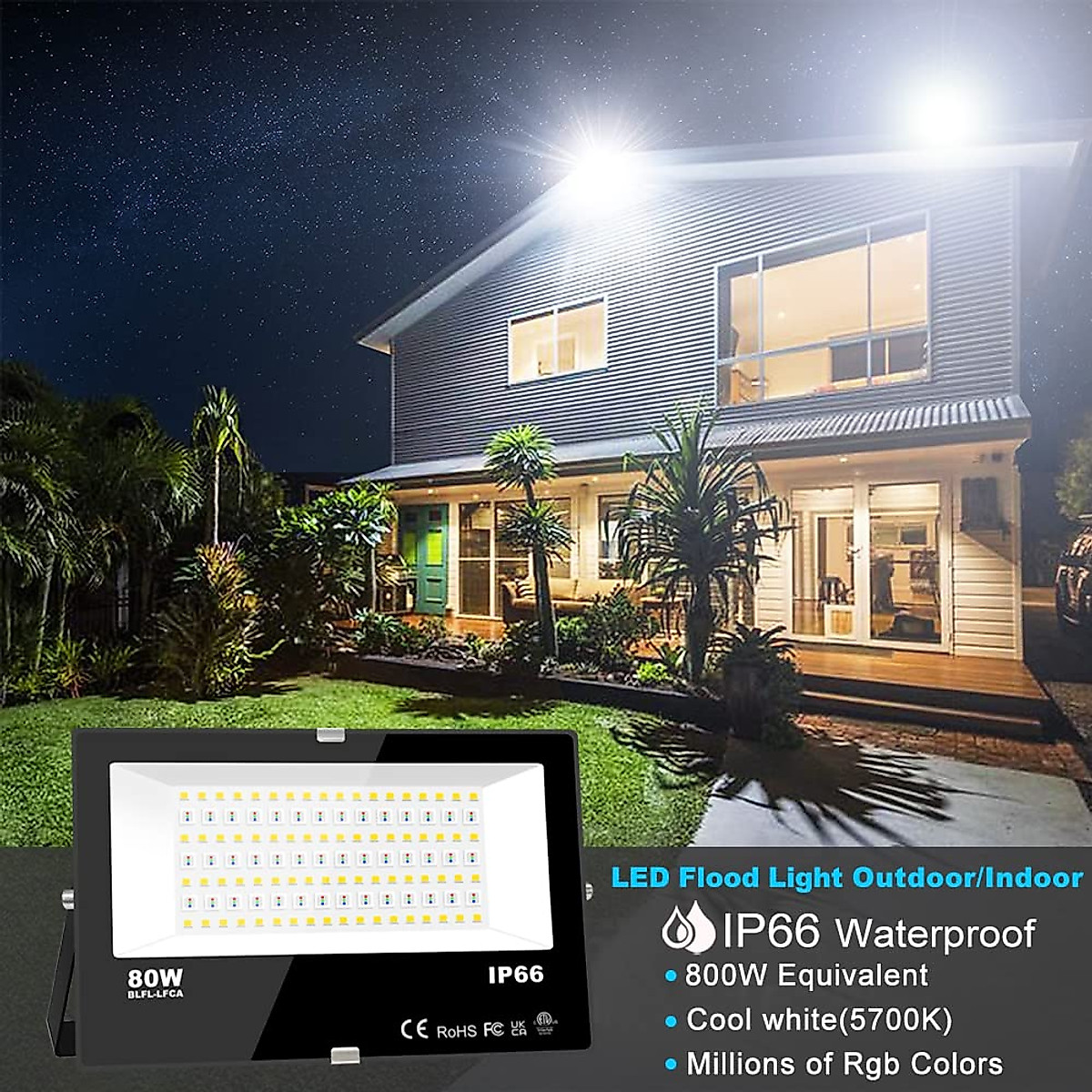 LED Flood Light Outdoor 800W Equivalent 8000LM Smart RGB Landscape Lighting with APP Control, DIY Scenes - Timing - 5700K Daylight White - Color Changing Uplight, IP66 Waterproof US Plug MELPO(2Pack)