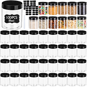 Dandat 100 Pcs 8 Oz Plastic Jars with Screw on Lids Labels and Pen Clear Cosmetics Container Jars Refillable Empty Round Jars Wide Mouth Storage Containers for Kitchen Household (Black Lid)