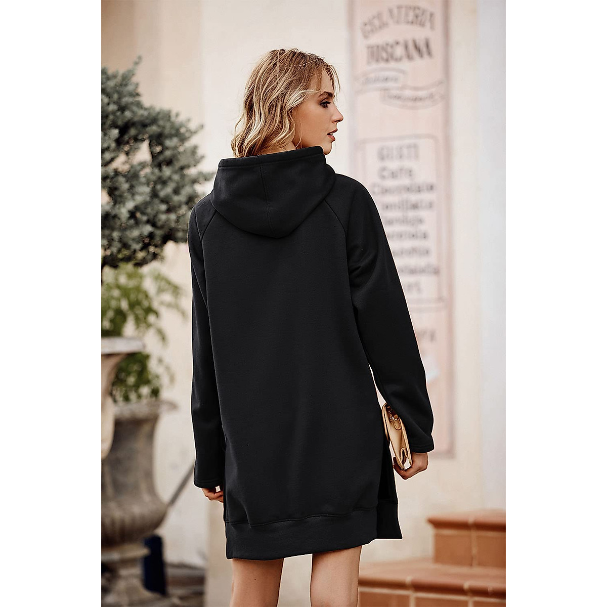 PRETTYGARDEN Women's Casual Pullover Sweatshirt Long Sleeve Split Hem Hoodie Dress with Kangaroo Pocket (Black,X-Large)
