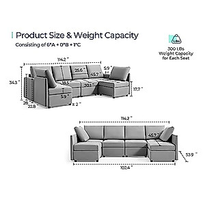LINSY HOME Modular Sectional Sofa, Convertible U Shaped Sofa Couch with Storage, Memory Foam, Modular Sectionals with Ottomans, 6 Seat Oversized Sofa Couch with Chaise for Living Room, Grey