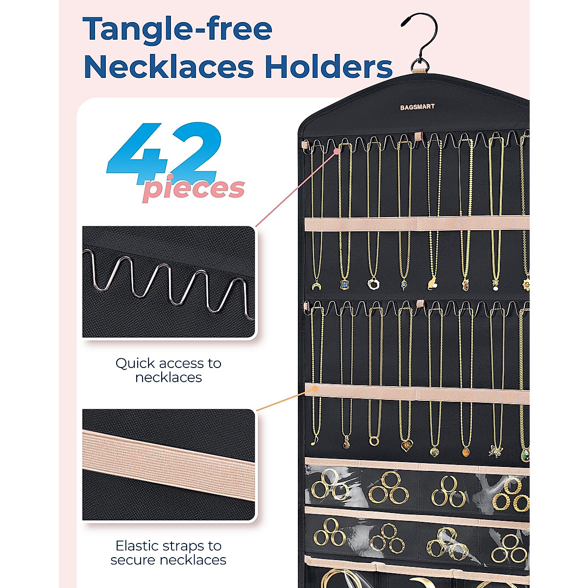 BAGSMART Hanging Jewelry Organizer with Hanger Metal Hooks Double-Sided Jewelry Holder for Organizing Earrings Necklaces Rings Perfect for in Hanging Closet, Wall, Door, 1 Piece, Large, Black