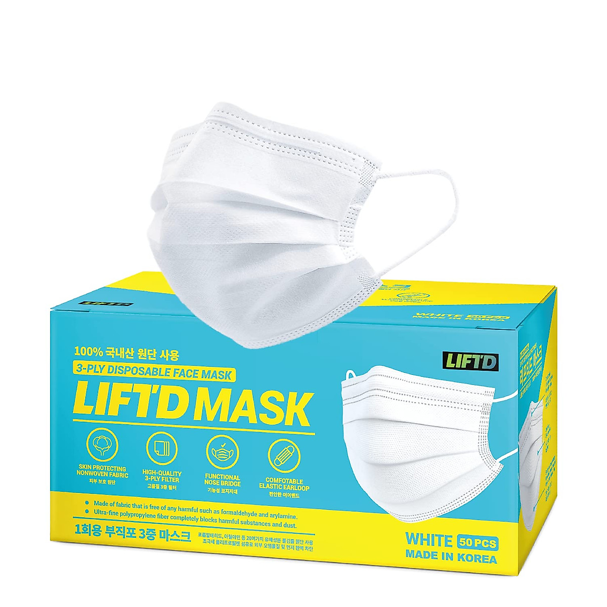 [Made in Korea] Lift’D 3-Layer WHITE Medical Face Masks - 50 Masks, Super Soft, Odorless, Non- Skin Irritation Non- Woven Fabric, Comfortable Elastic Earloop, Protection Covering