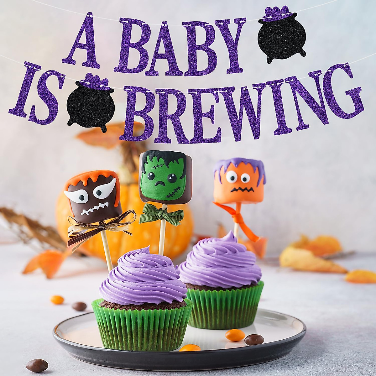 A Baby is Brewing Banner, Baby Shower, Gender Reveal Backdrop, Glittery Halloween Themed Welcome Baby Boy or Girl Party Decorations