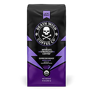 DEATH WISH COFFEE Whole Bean Espresso Roast - Extra Kick of Caffeine - Organic, Fair Trade, Strong Coffee Grounds from Arabica, Robusta Beans (1-Pack)