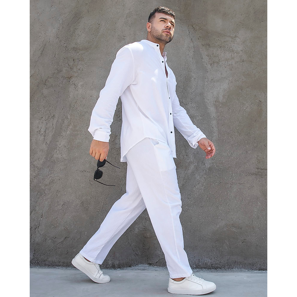 RPOVIG Linen Shirt Sets Outfits:Men's 2 Pieces Henley Shirts Long Sleeve Loose Yoga Pants Beach Clothing White