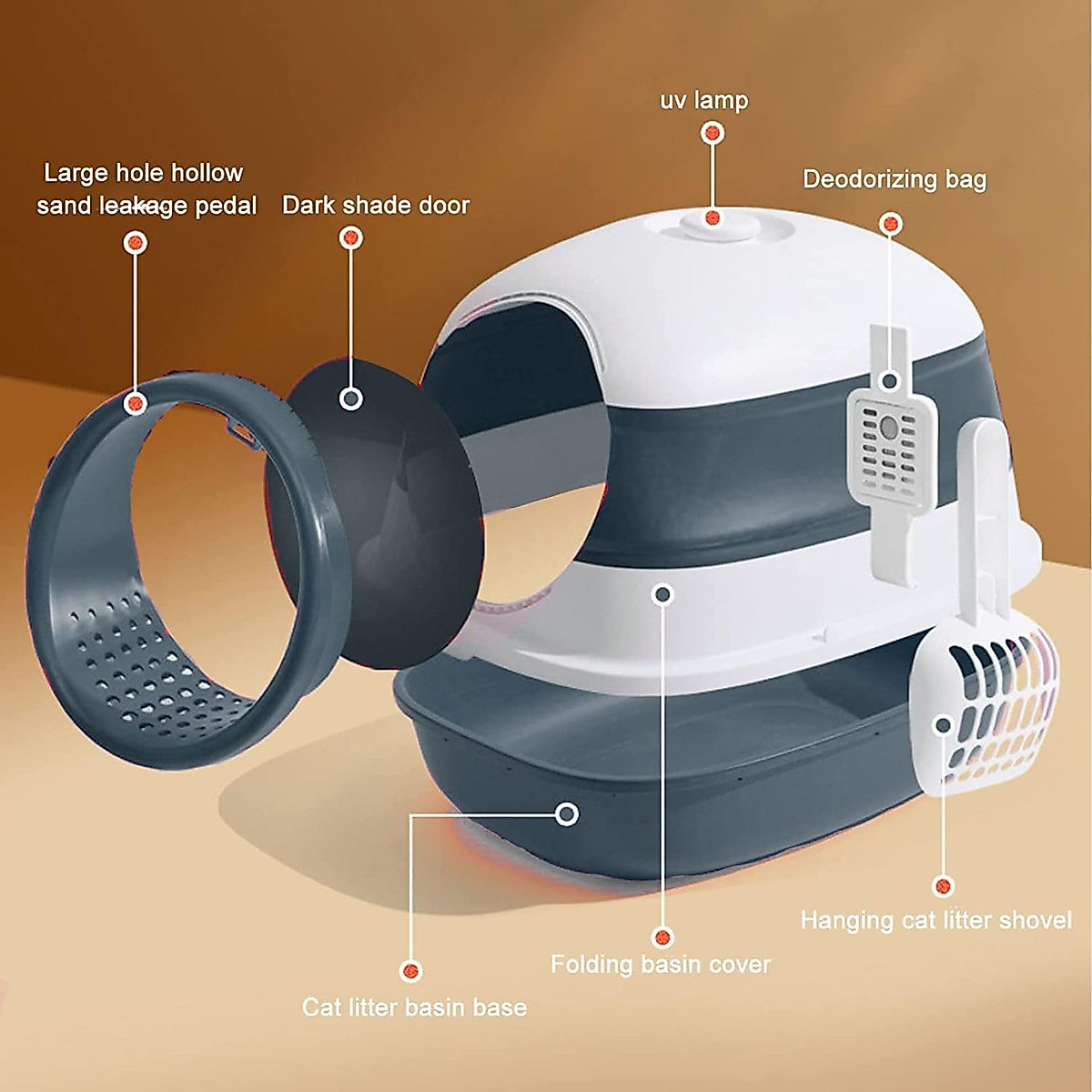 iPetlore Cat Litter Box with Lid and UV, Portable Kitty Litter Box with Scoop, Private Space for Your Feline Friends-Grey