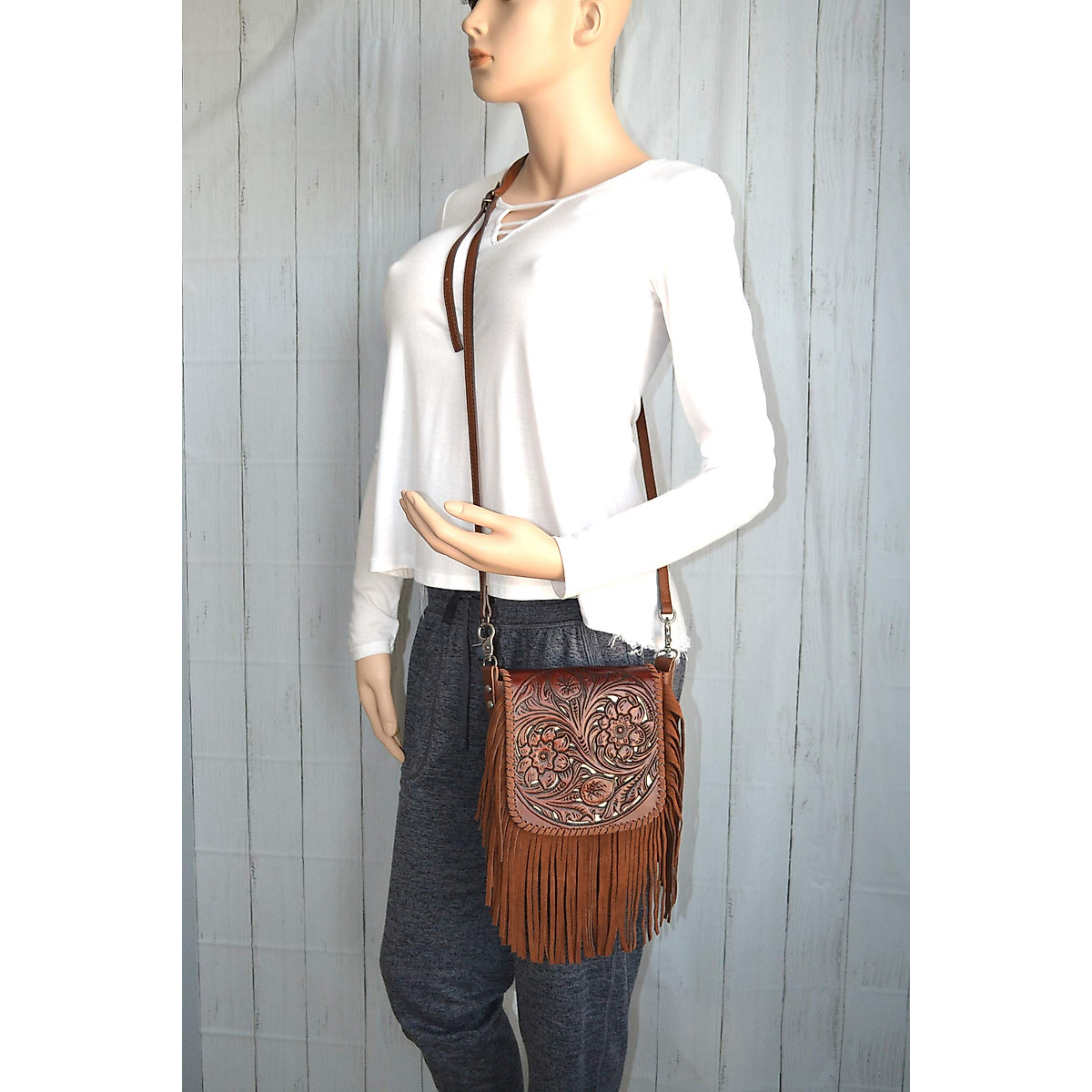 womens cross body bag western cowgirl floral tooled shopper purse brown