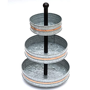THE ARTIQUE Galvanized Stand, Tiered Tray, Three Tier Serving Stand with Copper Trim, Cupcake Stand Bar Accessories, 3 Tiered Metal Tray Platter for Cake, Dessert, Appetizers & More- Antique Silver