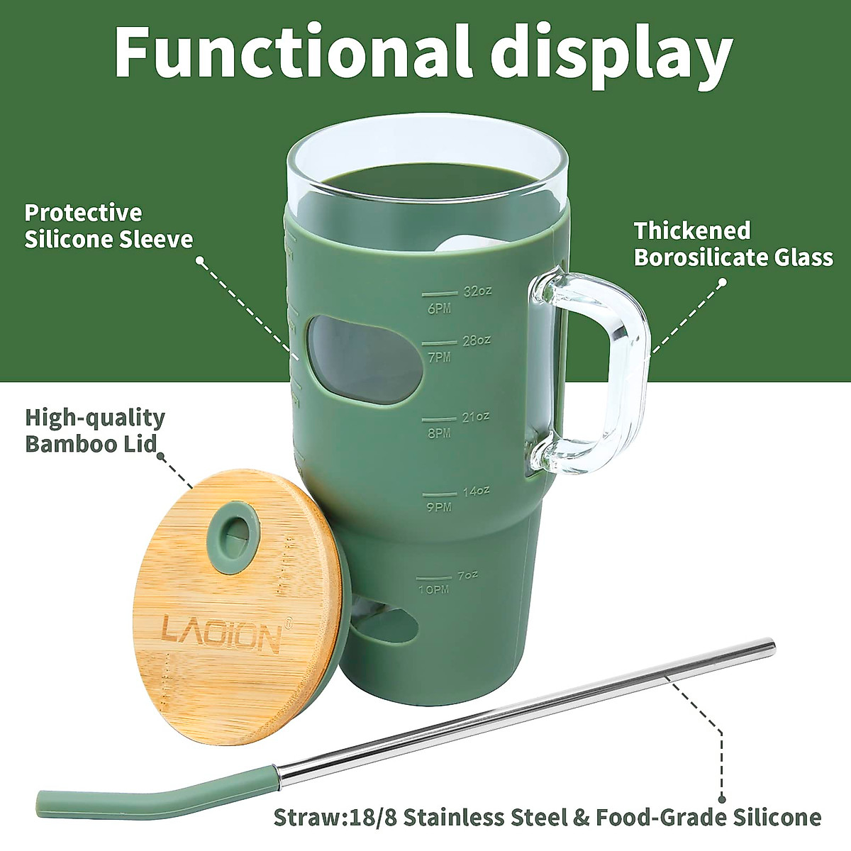 LAOION 32 OZ Glass Tumbler with Handle, Glass Water Bottles with Leakproof Bamboo Lid and Straw, Iced Coffee Cup with Silicone Sleeve and Time Marker, Fits in Cup Holder Spill Proof BPA Free,Sage