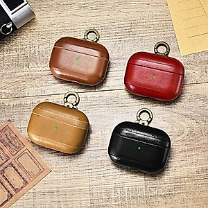 AirPods Pro Leather Case with Strap, ICARER Genuine Leather Portable Protective Shockproof Cover for Apple AirPods Pro case Keychain Support Wireless Charging (Brown)
