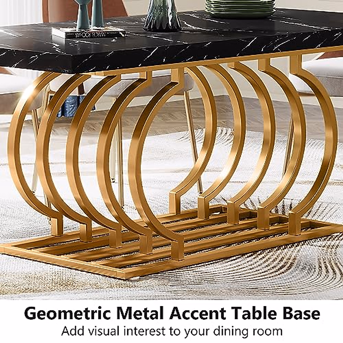 Tribesigns Modern Dining Table, 63 inch Faux Marble Wood Kitchen Table for 6 People, Rectangular Dinner Room Table with Geometric Frame for Kitchen, Dining Room, Black Gold