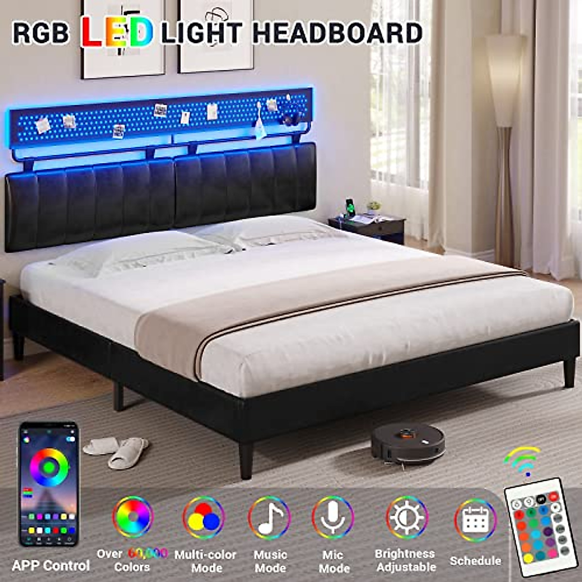 EPHEX King Platform Bed Frame with LED Lights, Faux Leather Upholstered Bed Frame with Wall Mount Headboard & Pegboard, Strong Wood Slat Support, No Box Spring Needed, Black