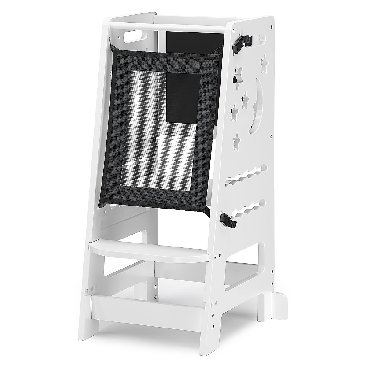 TOETOL Bamboo Toddler Kitchen Stool for Kids Step Stool - White Little Helper Tower Adjustable Height with Learning Black & White Activity Board1